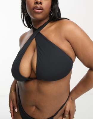 COLLUSION Plus adjustable halterneck textured bikini top in black | ASOS
