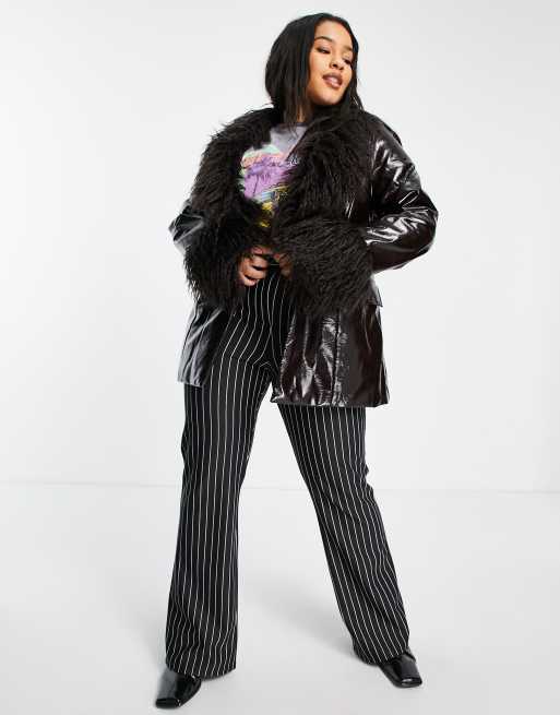 ASOS DESIGN Curve Fluffy Cuff Faux Leather Jacket In Black