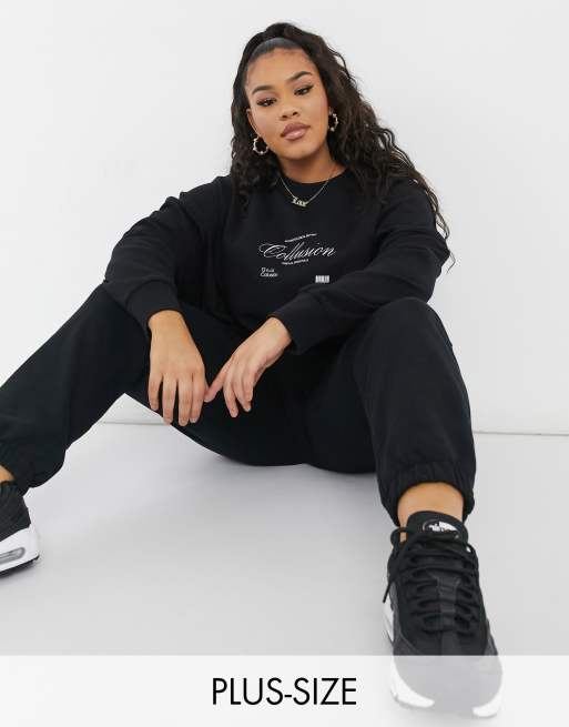 Collusion Plus Oversized Brand Print Sweatshirt In Black Asos