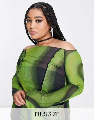 COLLUSION Plus printed long sleeve off the shoulder top in green - part ...