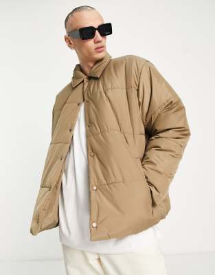 COLLUSION puffer jacket with collar in taupe | ASOS