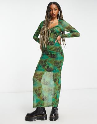 COLLUSION - Robe longue imprimée avec bonnets préformés et manches longues - Vert | ASOS