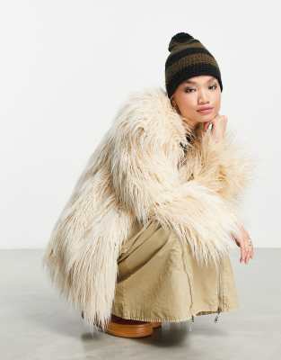 COLLUSION shaggy mongolian faux fur jacket in cream | ASOS