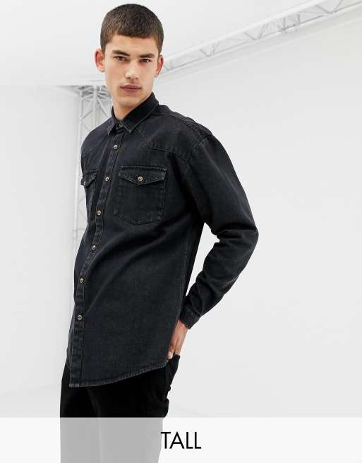 Collusion Tall Oversized Western Denim Shirt In Washed Black Asos