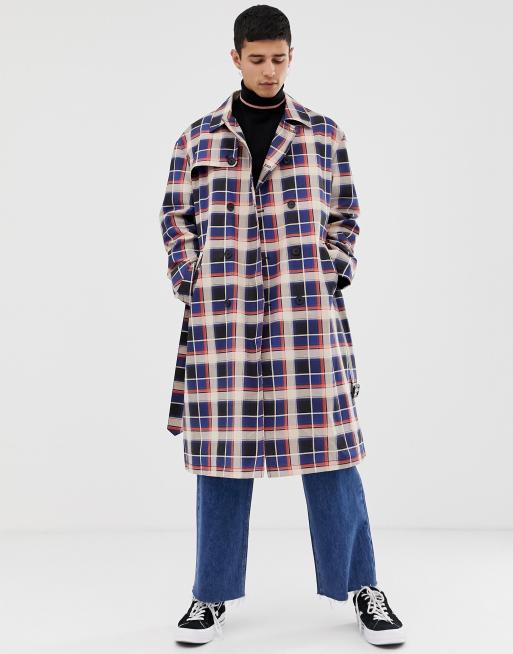 COLLUSION trench coat in blue and tan check | ASOS