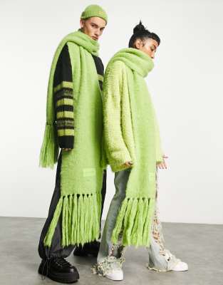 COLLUSION Unisex fluffy knit logo scarf in yellow green | ASOS