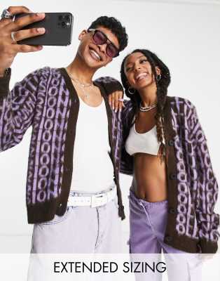 COLLUSION Unisex knitted brushed cardigan in brown and lilac branded ...