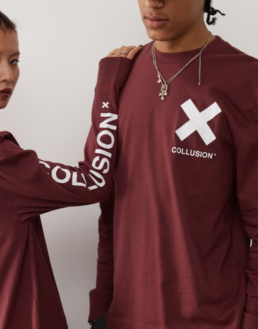 COLLUSION Unisex long sleeve logo t-shirt in burgundy | ASOS