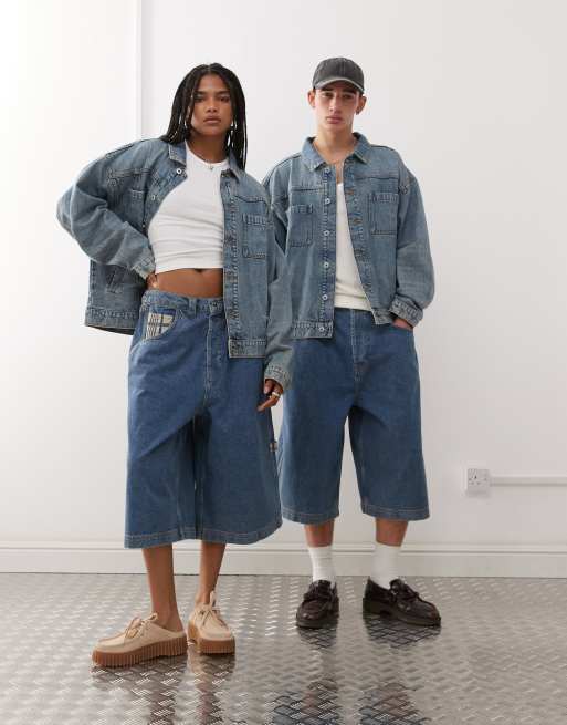 COLLUSION Unisex low rise plaid jorts in mid blue | ASOS