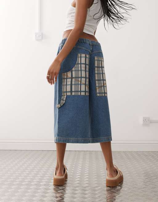 COLLUSION Unisex low rise plaid jorts in mid blue | ASOS