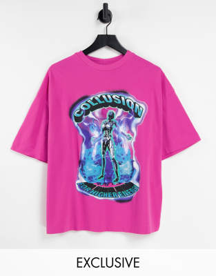 COLLUSION Unisex oversized t-shirt in pique with skeleton print in pink ...