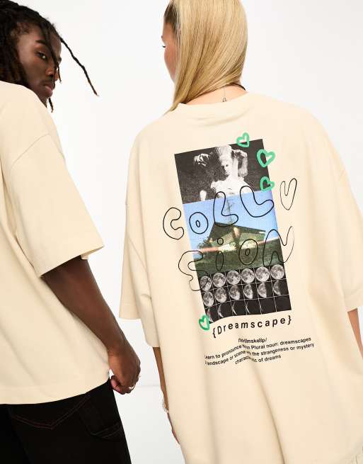 Collusion Unisex Pique Photographic Back Print T Shirt In Stone Asos