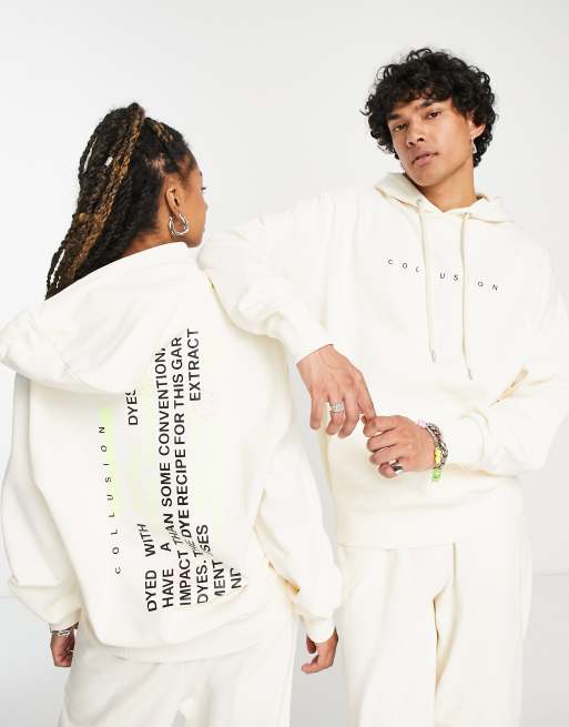 Collusion Unisex Sweat à Capuche Densemble Avec Texte Imprimé Écru