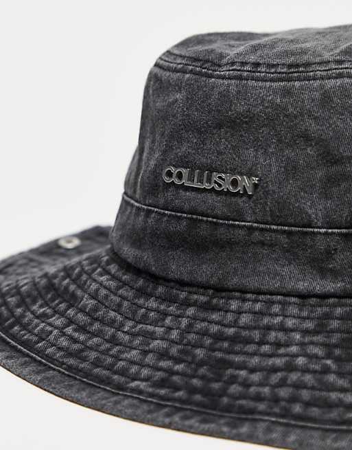 COLLUSION Unisex washed denim bucket hat with string in COLLUSION Unisex washed denim bucket hat with string in