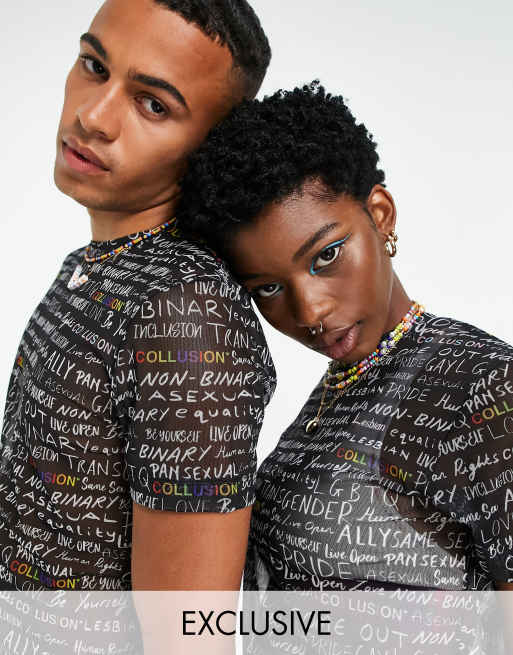 COLLUSION X EXIST LOUDLY – Kurzes Unisex-T-Shirt aus Netzstoff mit durchgehendem Print und engem ...