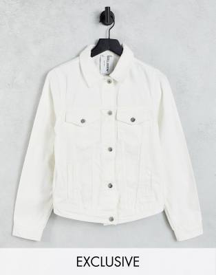 Collusion Y2k Shrunken Denim Jacket With Dipped Hem In Ecru White-pink ...