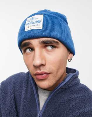 Columbia City Trek Heavyweight patch logo beanie in blue | ASOS