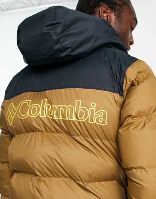 Columbia Ski Iceline Ridge ski puffer jacket in brown and black | ASOS