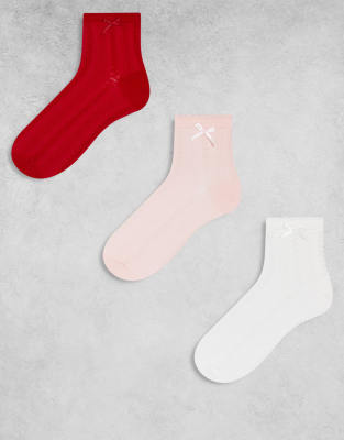 Cotton On 3 pack pointelle frill ankle sock with bow in pink red and ...