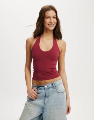 Cotton On All day v neck halter in burgundy | ASOS