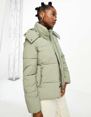 Cotton On button up mother puffer jacket with removable hood in dusty ...