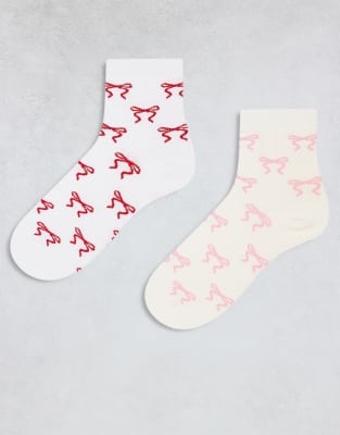 Cotton On crew socks 2 pack in pink red bow | ASOS