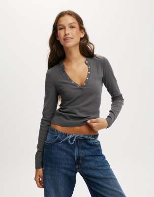Cotton On Ryan henley long sleeve in charcoal | ASOS