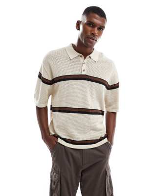 Cotton On thin knit polo top in natural stripe | ASOS