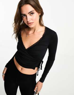 Cotton:on Wrap Front Long Sleeve Crop Top In Waffle-black | ModeSens