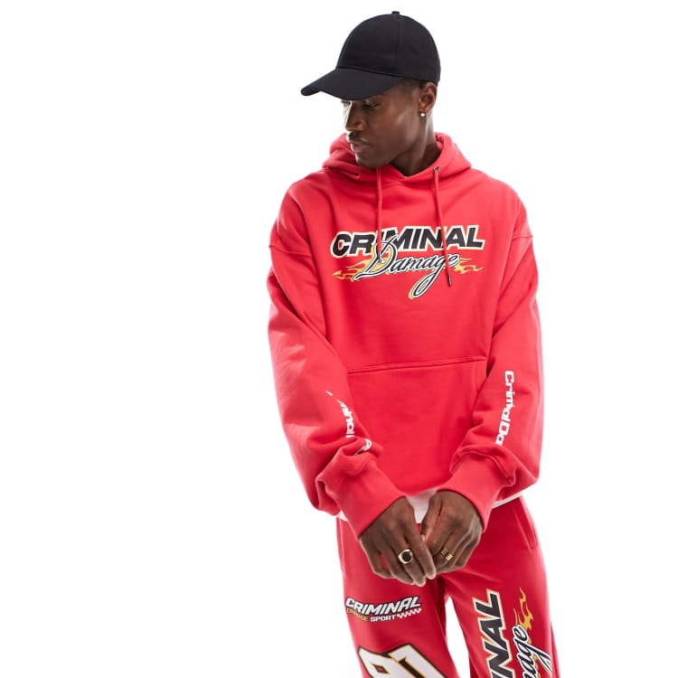 Criminal Damage heavyweight hoodie with racing graphics in red ASOS