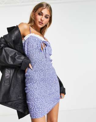 Daisy Street Cami Mini Dress In Shirring With Lace Trim In Blue Ditsy ...