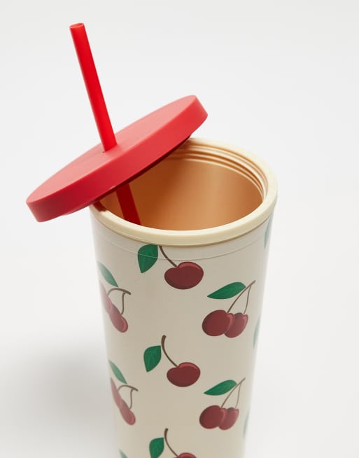Daisy Street cherry print re-usable drinking cup and straw | ASOS
