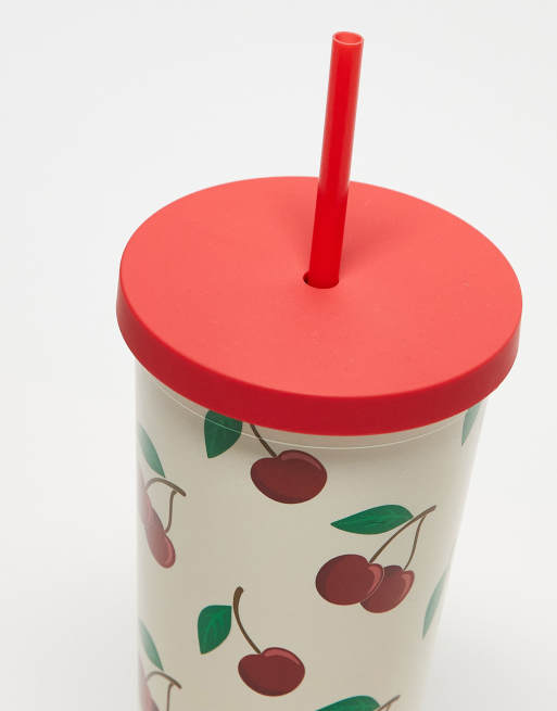 Daisy Street cherry print re-usable drinking cup and straw | ASOS