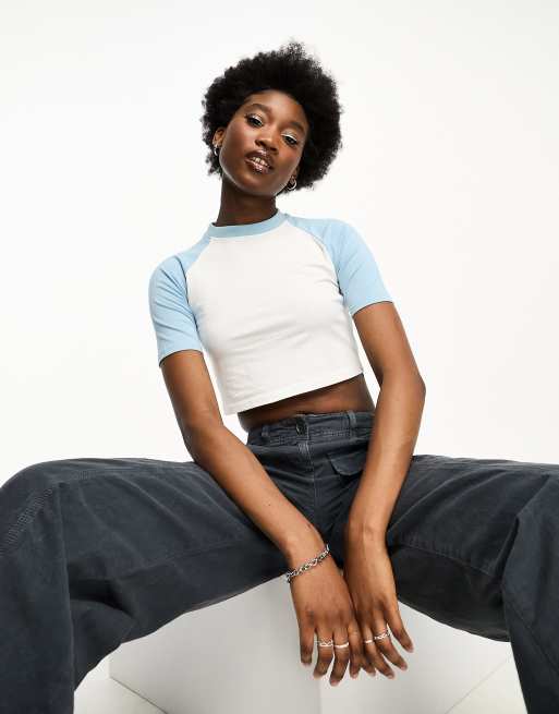 Daisy Street cropped raglan t-shirt in white and blue | ASOS