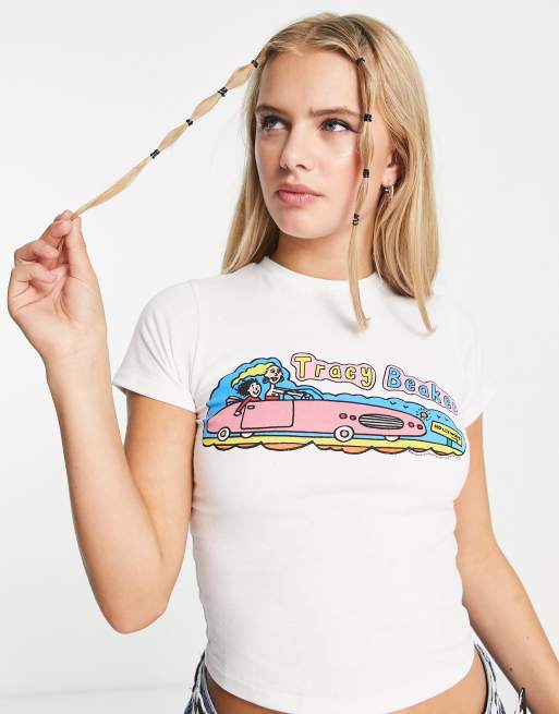 Daisy Street cropped t-shirt with tracy beaker print in white | ASOS