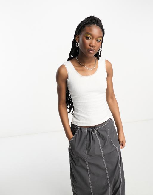 Daisy Street fitted singlet top in white pointelle with lace trim | ASOS