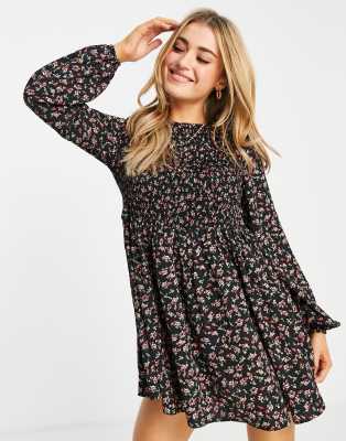 Daisy Street long sleeve fitted mini dress in black floral | ASOS