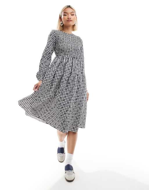 Daisy Street long sleeve midi smock dress in natural bow gingham | ASOS