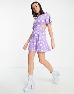 Daisy Street Mini Dress With Cut Out Sides In Cute Daisy Print-purple ...