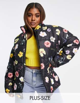 Daisy Street Plus high neck puffer jacket in black floral | ASOS