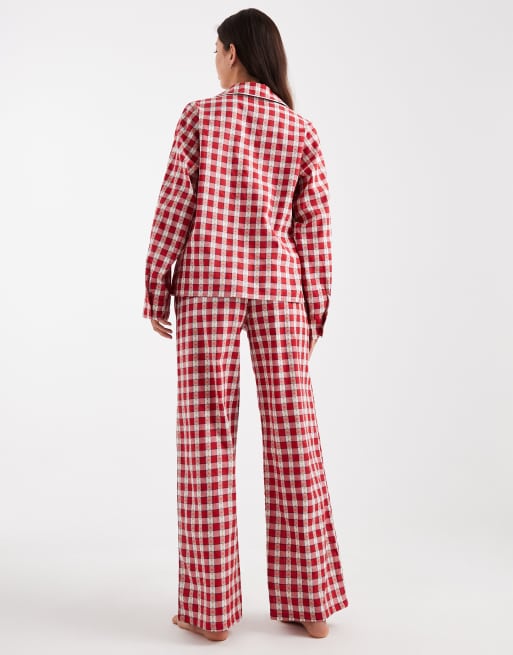 Daisy Street pull-on pajama shirt and pants in red floral check | ASOS