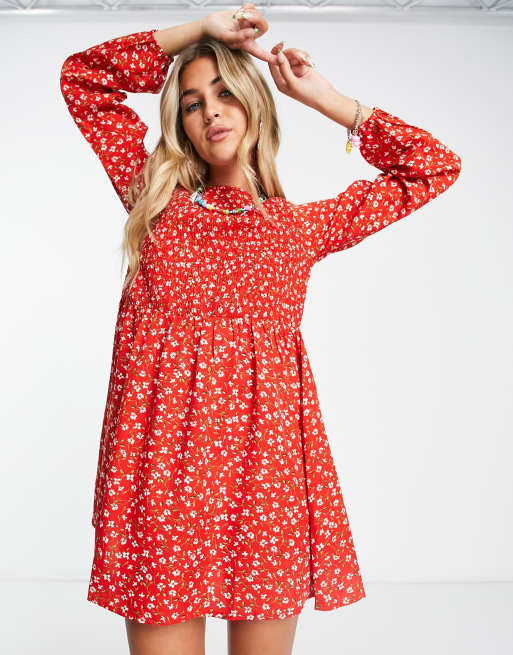Daisy Street shirred smock mini dress in red ditsy | ASOS