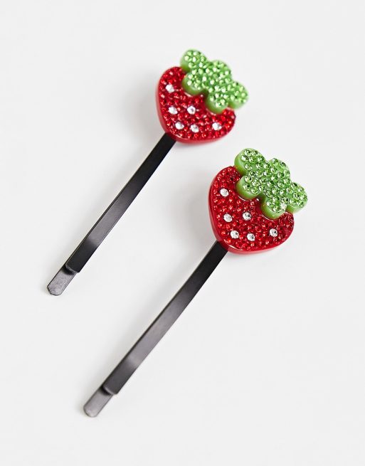 Daisy Street strawberry diamante hair slides 2 pack in red | ASOS