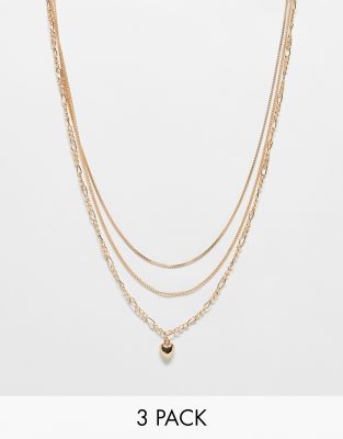 DesignB London 3 pack of necklaces with puff heart charm in gold | ASOS