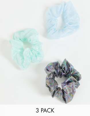 DesignB London x3 pack iridescent scrunchies in green mix | ASOS