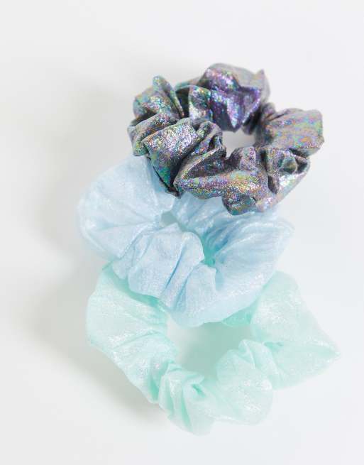 DesignB London x3 pack iridescent scrunchies in green mix | ASOS
