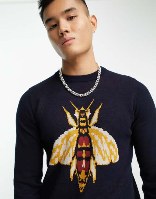 Devils Advocate bee print crew neck jumper in navy | ASOS