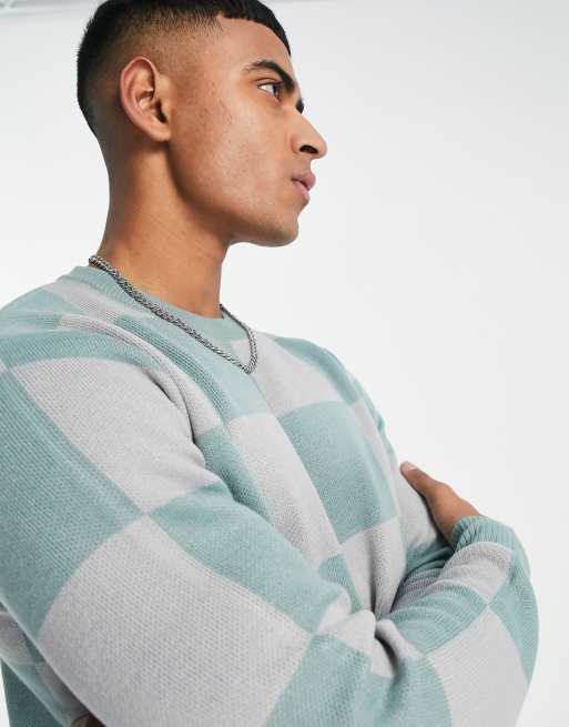 Devils Advocate checkerboard crew neck jumper in blue and grey | ASOS