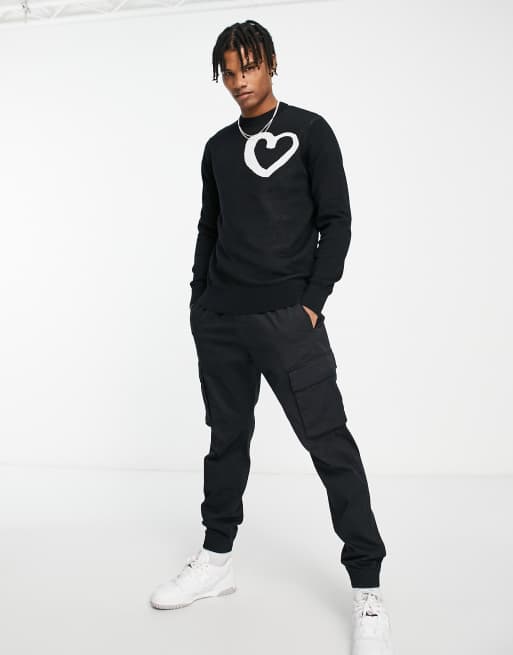 Devil's Advocate crew neck heart print knitted jumper in black | ASOS