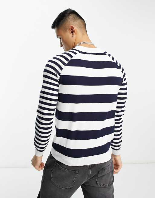 Devils Advocate striped v neck jumper in navy and cream | ASOS